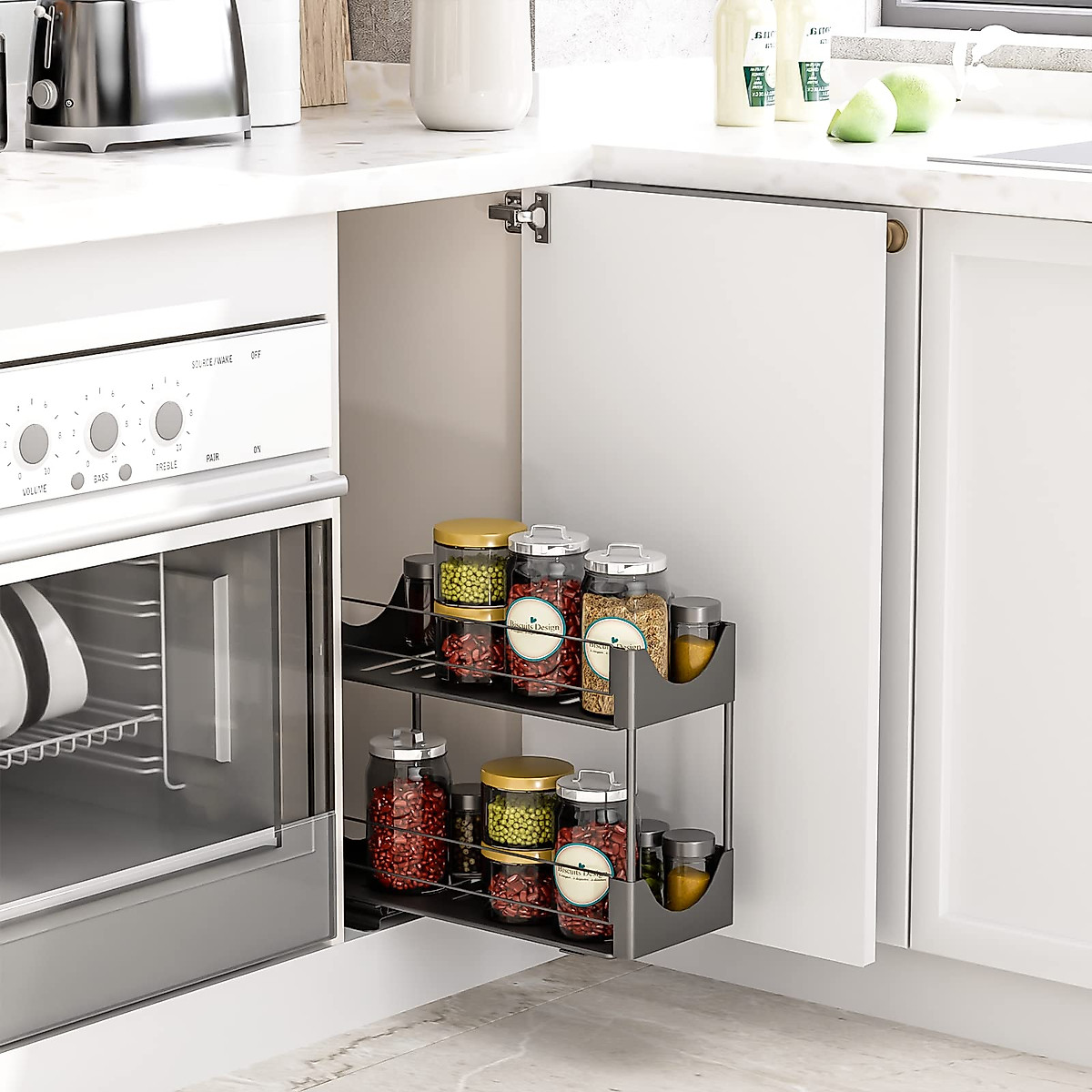 Amazer Pull Out Spice Rack Organizer for Cabinet, Slide Out Spice Rack Organizer for Cabinet, 2-Tier Spice Rack for Kitchen, Adjustable Sides, Narrow Spice Organizer, 4" W x 11" D x 9" H