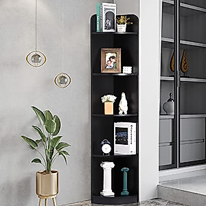 Fun Memories 5-Tier Corner Bookshelf - 63" Tall Modern Free-Standing Corner Bookcase - Durable Wood Corner Cabinet and Plant Shelf in Sleek Black for Living Rooms, Bedrooms, Kitchens and Offices