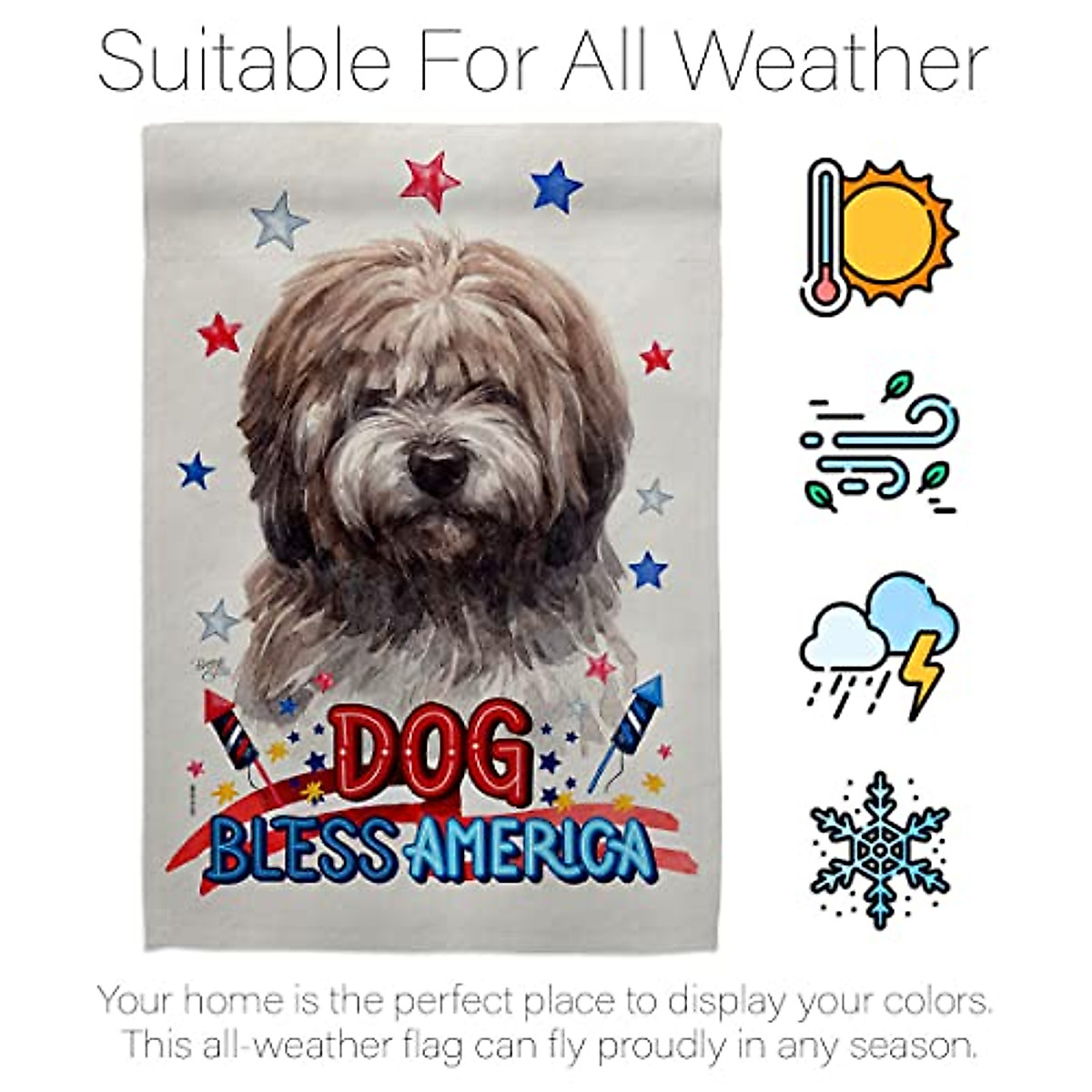 Breeze Decor Patriotic Brindle Tibetan Terrier Garden Flag-Set Wood Dowel Dog Puppy Spoiled Paw Canine Fur Pet Nature Farm Animal Creature House Banner Small Yard Gift Double-Sided, Made in USA