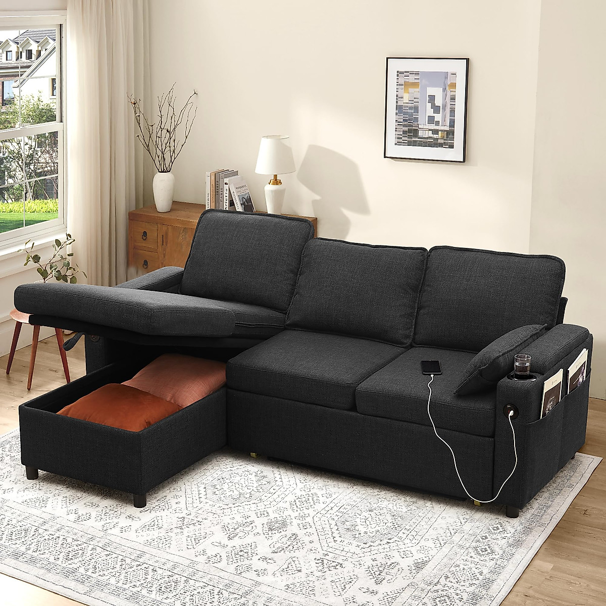 DURASPACE Sofa Bed, Sleeper Sofa Couch with Pullout Bed for Living Room, L Shaped Couch with Storage Chaise, USB, Cup Holder (Dark Gray)