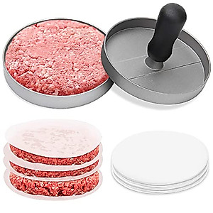 Wiwaplex Hamburger Press Patty Maker Set Non-Stick Meat Patty Presser Handle Patty Burger Maker Mold with 100 Wax Patty Paper Sheets for Home & Kitchen
