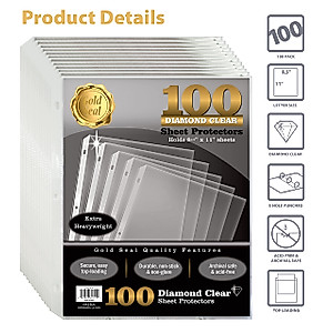 100 Count Diamond Clear Extra Heavyweight Sheet Protectors, 4 mils Strong, by Gold Seal, 8.5 x 11", Top Load, 100 Pack
