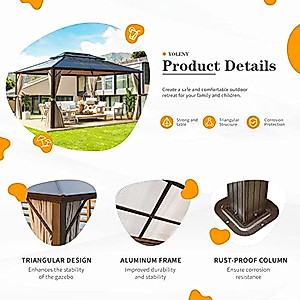 YOLENY 12'x16' Hardtop Gazebo, Outdoor Polycarbonate Double Roof Canopy, Aluminum Frame Permanent Pavilion with Curtains and Netting, Sunshade for Garden, Patio, Lawns