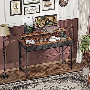 Huuger 47 inch Computer Desk with LED Lights & Power Outlets, Gaming Desk Home Office Desk with Storage Drawers, Rustic Brown