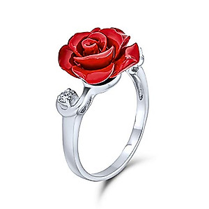Bling Jewelry CZ Accent Flower Fashion Red carved Rose Statement Ring For Women For Teen .925 Sterling Silver