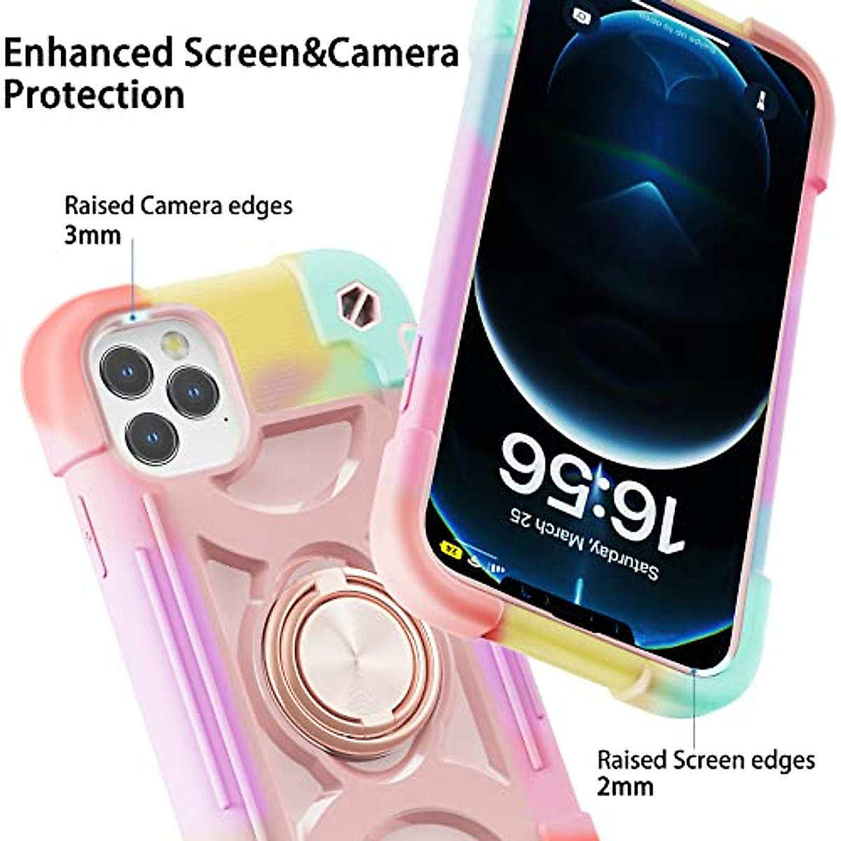 MARKILL Compatible with iPhone 12 Pro Max Case 6.7 Inch with Ring Stand, Military Grade Drop Protection Full Body Rugged Heavy Duty Cover for iPhone 12 Pro Max. (Rainbow Pink)