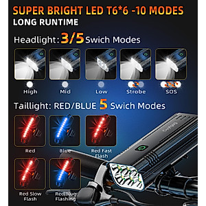 2025 New 6 LED 10000 Lumen Super Bright Bike Lights for Night Riding,360°Rotatable Bike Headlight,Bicycle Light-10 Modes,Runtime 36+ hrs,Upgrade Waterproof USB Rechargeable Bike Light,with Taillight