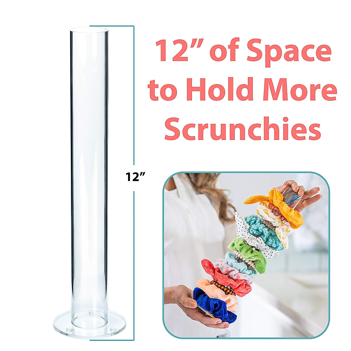 Kingdom Décor Scrunchie Holder Stand, Acrylic Scrunchy Display, 12 Inch Clear Hair Tie Accessories Organizer, Teen Girl Bracelet Organizers, Cute Room Decor for Teen Girls, VSCO Stuff