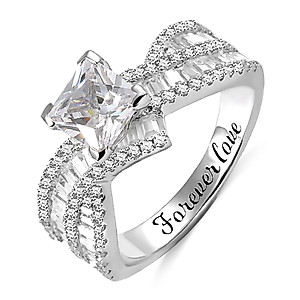 Getname Necklace Sterling Silver Princess Cut Engagement Ring for Her Custom Engraved Inside Promise Ring For Women Personalized Bridal Ring with Diamond Wedding Statement Engagement Ring