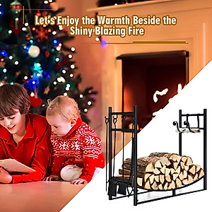 Goplus Firewood Rack with Tool Set, 36” Fireplace Log Holder W/Kindling Holders, Shovel, Poker, Tongs, Brush, Indoor & Outdoor Wood Stacker Lumbar Storage Organizer for Wood Stove, Fireside, Fire Pit