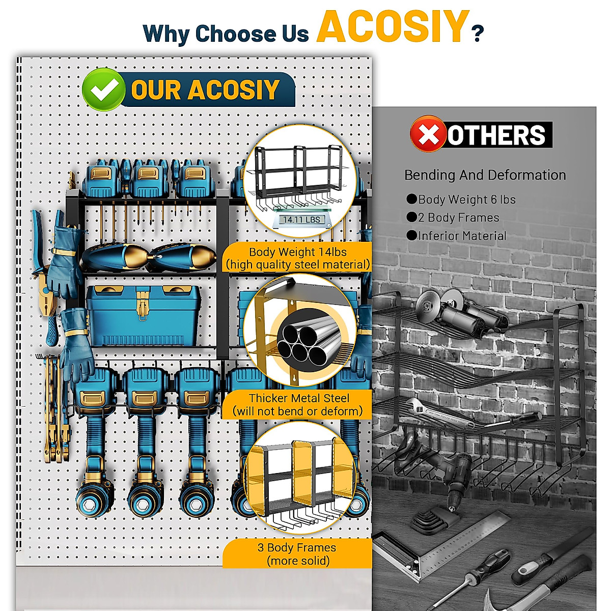 ACOSIY Power Tool Organizer Wall Mount with 6 Drill Holder Rack, 4 Layers Large Capacity Cordless Tool Storage Organizer, 180+lbs High Load Bearing Tool Box Shelf for Garage Organization