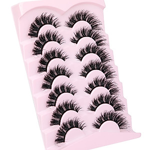 JIMIRE Mink Lashes Natural Look Silk False Eyelashes Fluffy Cat Eye 6D Wispy Faux Mink Lashes Flat Soft Strips 15MM Fake Lashes 7 Pairs Pack