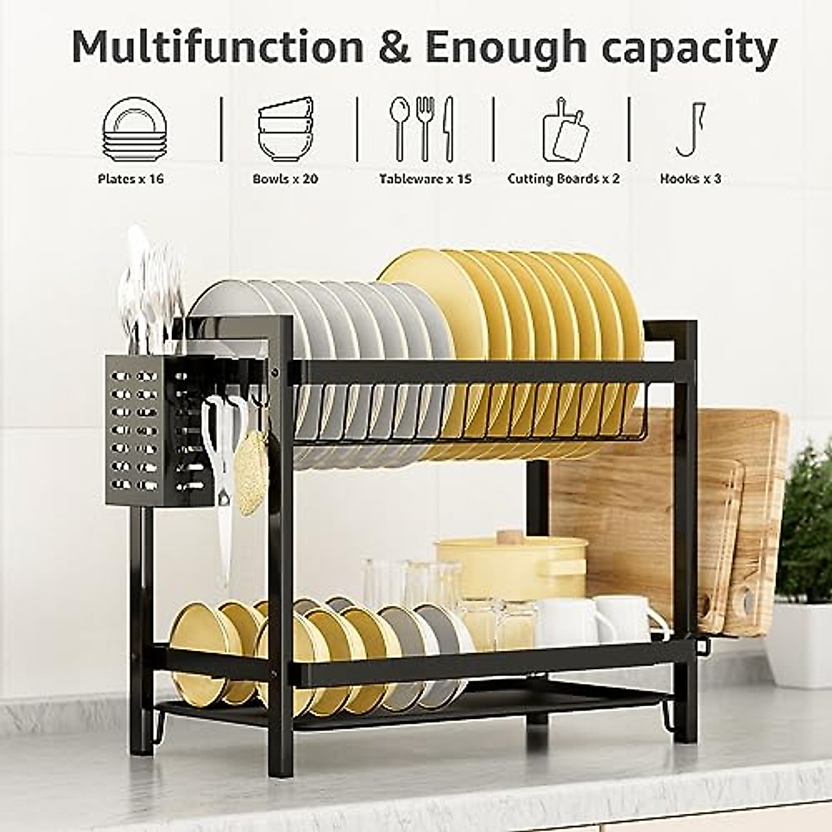 Esusom Dish Drying Rack Compact Drainer 2-Tier Dryer Rack for Small Spaces Dorm Apartment Kitchen Counter Dish Strainers Set with Drainboard Tray Utility Hooks Cutting Board & Utensil Holder