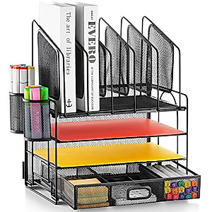 Marbrasse Desk Organizer with Drawer, 4-Tier Mesh Desk File Organizer with 5 Vertical File Holders and 2 Pen Holders, Multifunction Desktop Organizer,Desk Organizers and Accessories for Home Office