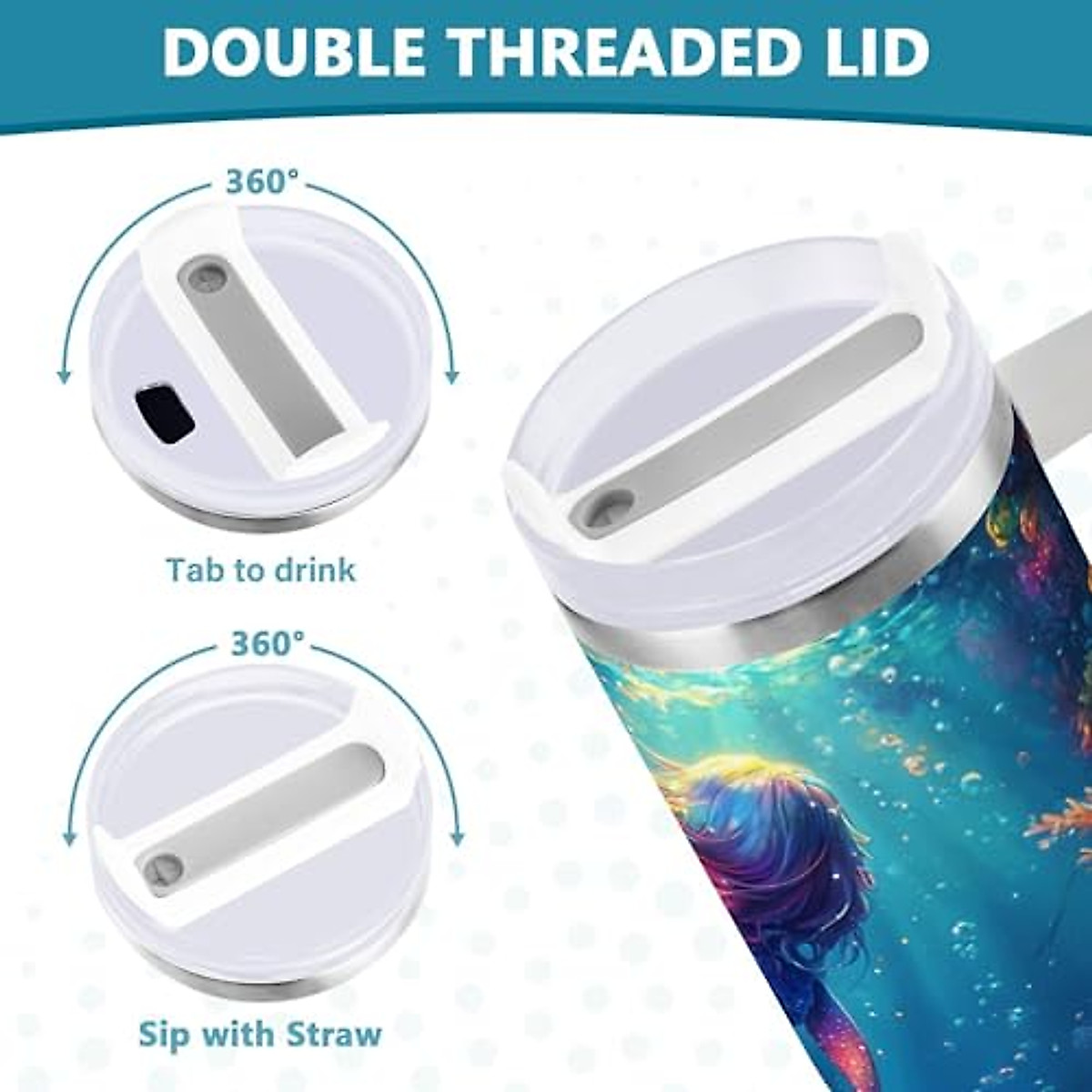 Slewiaeky Tumbler with Handle 40 oz Colorful Ocean Mermaid Shark Travel Mug with Lid and Straw Stainless Steel Vacuum Insulated Water Bottle Cup for Iced Tea Coffee Cold Beverages Cup Holder Friendly