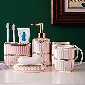 DVTEL Ceramic Washing Set, Bathroom, Four-Piece Set, Couple's Home Bathroom, Toothbrush Cup Set (Color : Pink, Size : 5 Piece Set)