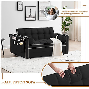 Antetek Upgraded Sleeper Sofa Couch Bed with Phone Holder, 3 in 1 Small Modern Convertible Velvet Loveseat Futon Sofa w/Pullout Bed, Adjustable Backrest for Living Room Apartment, Small Space, Black