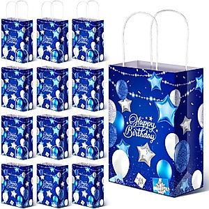 24 Pcs Birthday Gift Bags with Handles Navy Blue Silver Birthday Party Favors Goodie Bag Paper Gift Wrapping Bags for Boy Girls Men Women Birthday Party Supplies, 5.9 x 3.2 x 8.3 Inches