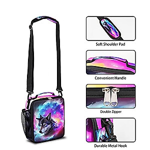 Insulated Lunch Bag, Purple Blue Universe Wolf Lunch Box Wide Opened Tote Reusable Lunch Container Organizer Thermal Cooler Bag with Shoulder Strap for School Office Picnic Hiking Beach Fishing