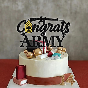 Black Glitter Congrats Army Cake Topper, Army Soldier Fighter Veteran's Day Cake Decorations, Airman Military Themed Graduation Retirement Party Decorations (E-8)