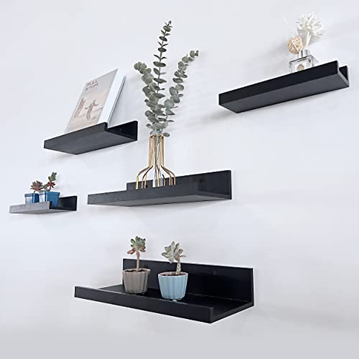 Art Emotion Black Floating Shelves | Set of 5 | Wall Shelf | Wood Bathroom Shelves | Bedroom | Living Room | Kitchen | Office & More (Black)