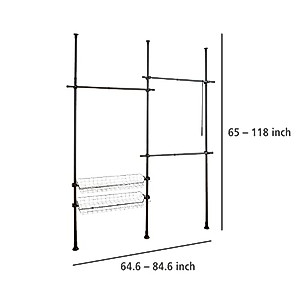 WENKO Adjustable Clothes Rack, Garment Rack System For Closet Organizer, Black Wardrobe Rack, Walk-in Closet, Clothes Organizer, 65-84.6 x 65-118.1 x 14.96 in, Black