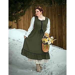 Renaissance Faire Costume Women Long Sleeve Midi Dress Modest Dress A Line Ruffle Medieval Dress Green L