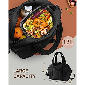 WONDAY Simple Puffer Lunch Bag for Women, Black Adult Lunch Box with Shoulder Strap, Insulated and Leakproof Lunch Tote Keeps Food Fresh, Large Lunch Bag, Perfect for Work, College and picnic