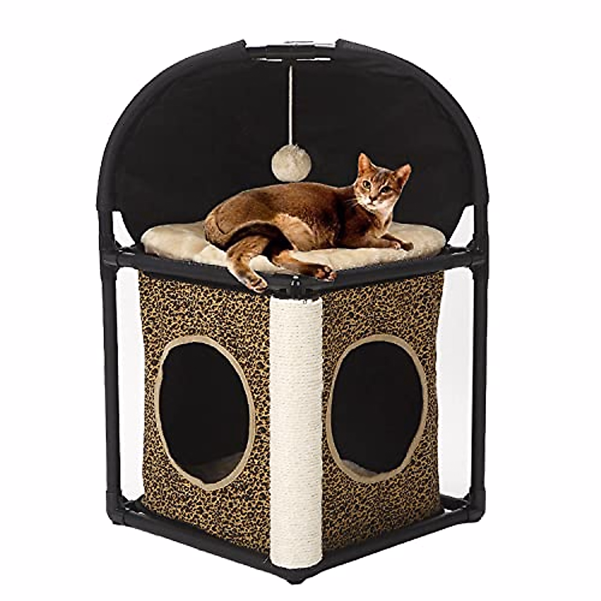 BORUIMA Cat Houses for Indoor Cats Tower House Combined with Cat Bed Cube, Peek Holes, Scratching Post & Dangling Toy