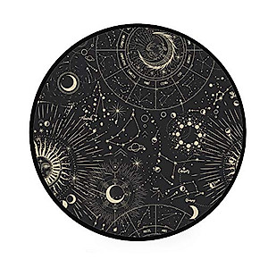 Kuizee Round Doormat Moon Phases Sun Zodiac Mysterious Astrology Polyester Indoor Outdoor Non-Slip Water Absorption Living Room Bedroom Bathroom Kitchen Home Decor 36.2Inch