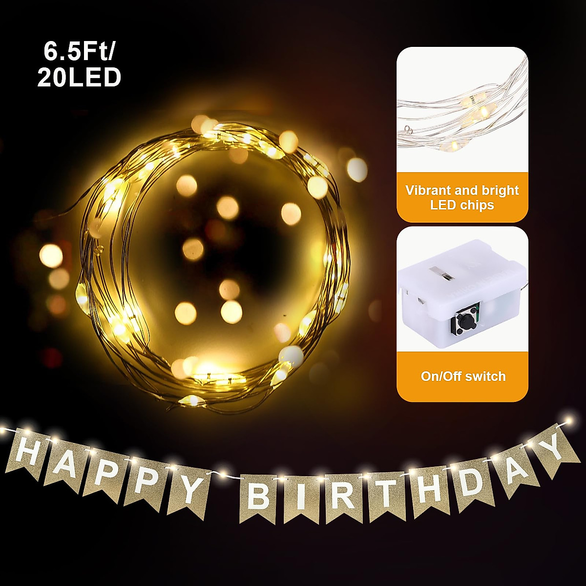 RUBFAC Pre-Strung Happy Birthday Banner - NO DIY - Gold Glitter Birthday Party Banner with 2pcs Fairy Lights for Birthday Party Decorations, Rose Gold Happy Birthday Sign