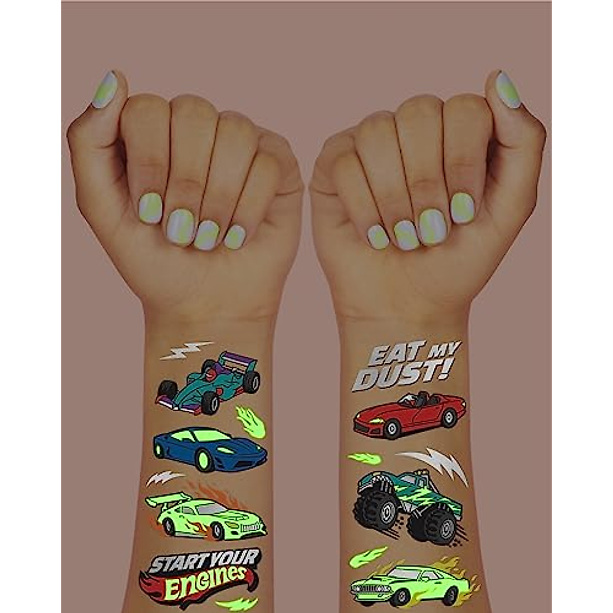 xo, Fetti Cars Glow in Dark Temporary Tattoos for Kids - 42 pcs | Monster Truck Birthday Party Supplies, Race Car Favors Decorations