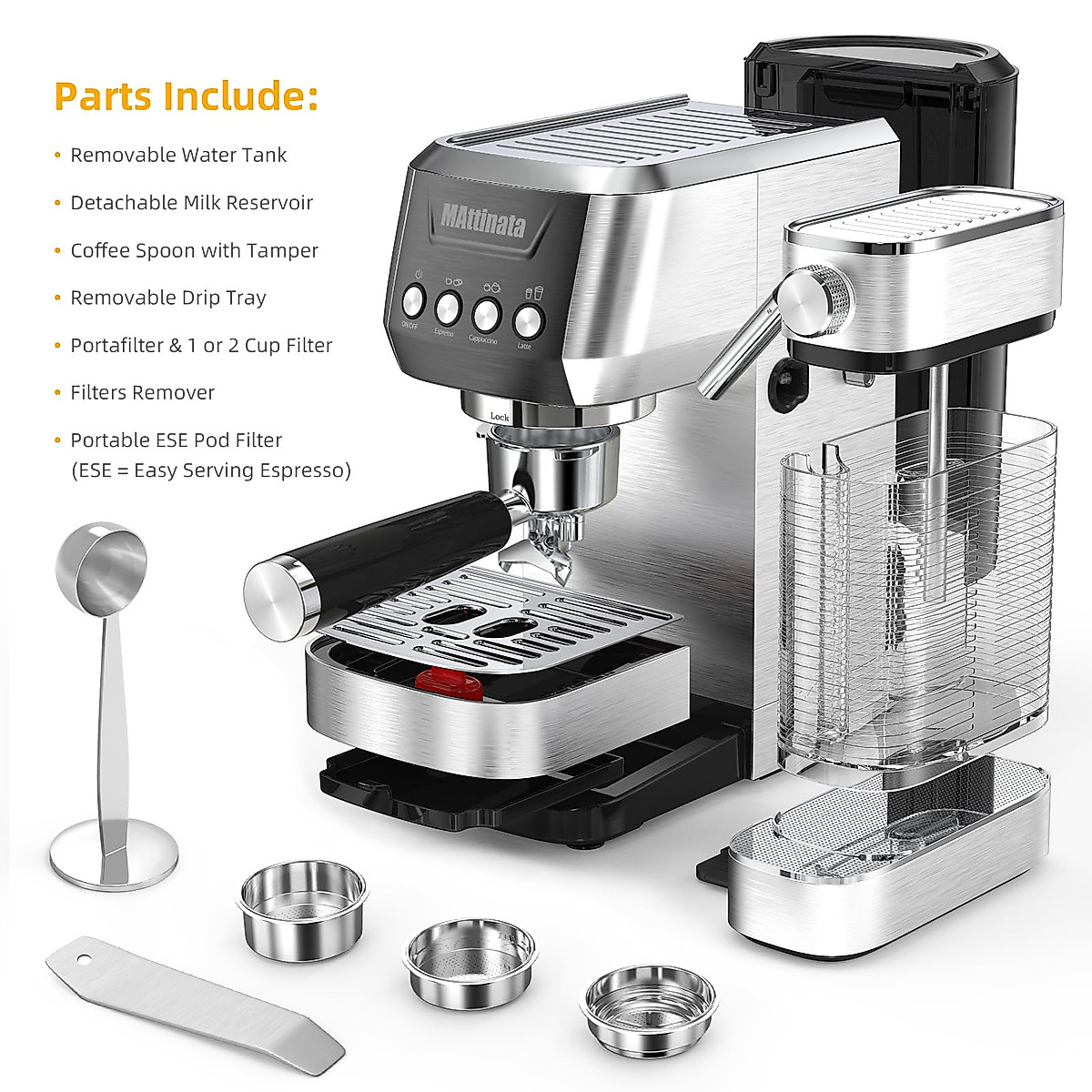 MAttinata Espresso Machine 20 Bar, Espresso Maker with Milk Frother, Cappuccino Machine for Home with 2.0 Long Life Automatic Milk Tank, Coffee Maker Present, Stainless Steel-Mattino Ultra