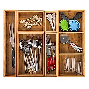 YOUEON Set of 6 Bamboo Drawer Organizer Storage Box, Adjustable Cutlery Tray Utensil Tray Silverware Organizer Multi-Use for Desk, Closet, Bathroom, Office, Makeup, Jewelry
