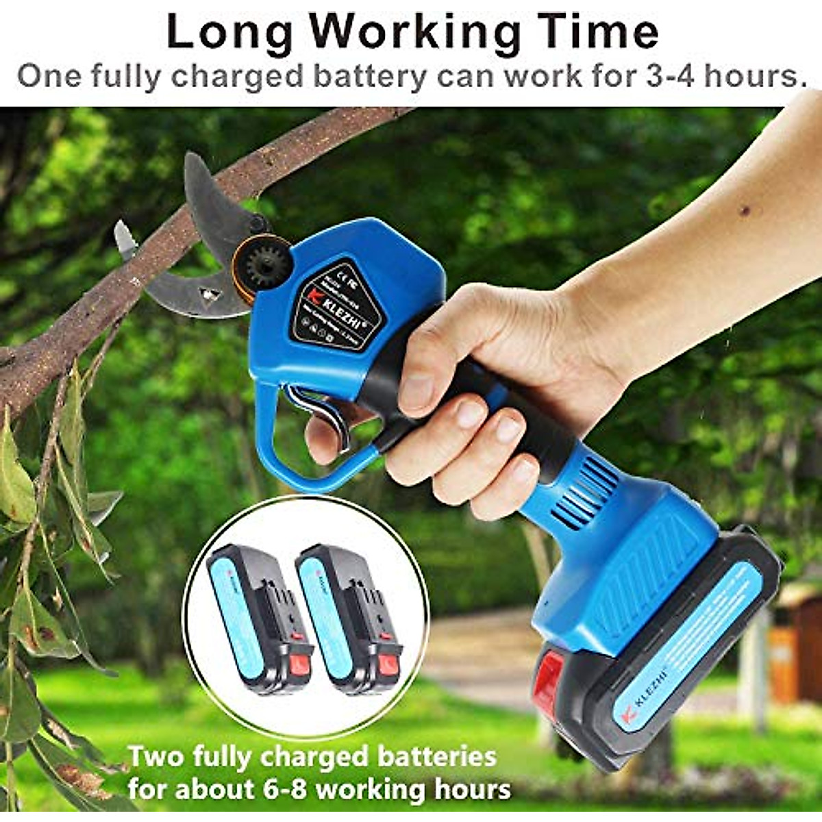 K KLEZHI Professional Cordless Electric Pruning Shears with 2 PCS Backup Rechargeable 2Ah Lithium Battery Powered Tree Branch Pruner, 30mm (1.2 Inch) Cutting Diameter, 6-8 Working Hours