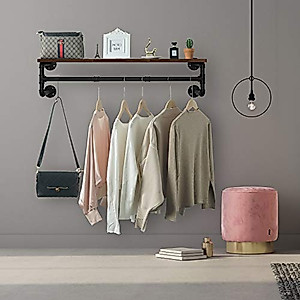 Crehomfy Industrial Pipe Clothes Rack with Top Shelf and 3 Hooks, 41''L Wall Mounted Garment Rack, Heavy Duty Iron Garment Bar, Clothes Hanging Rod Bar, 4 Base Max Load 135Lb Black