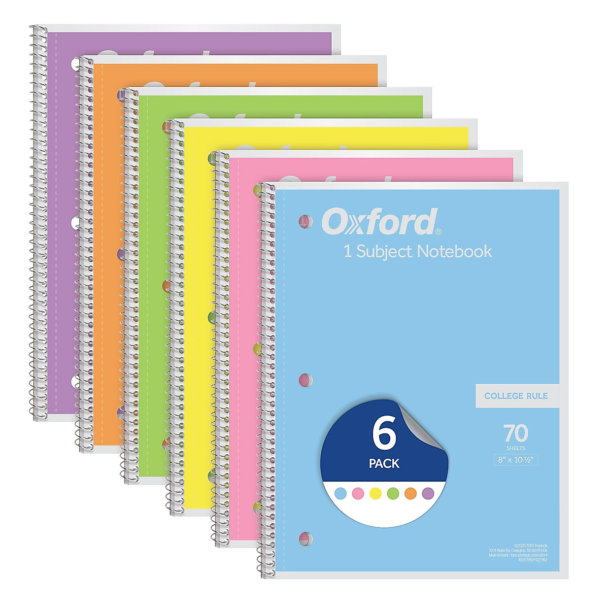 Oxford Spiral Notebook 6 Pack, 1 Subject, College Ruled Paper, 8 x 10-1/2 Inch, Pastel Pink, Orange, Yellow, Green, Blue and Purple, 70 Sheets (63756)