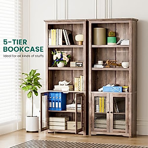 Naice Bookshelf 70" Tall Bookcase, 5 Shelf Book Shelf with Glass Doors Adjustable Display Storage Shelves Wood Large Bookshelf Furniture for Bedroom Home Office Living Room