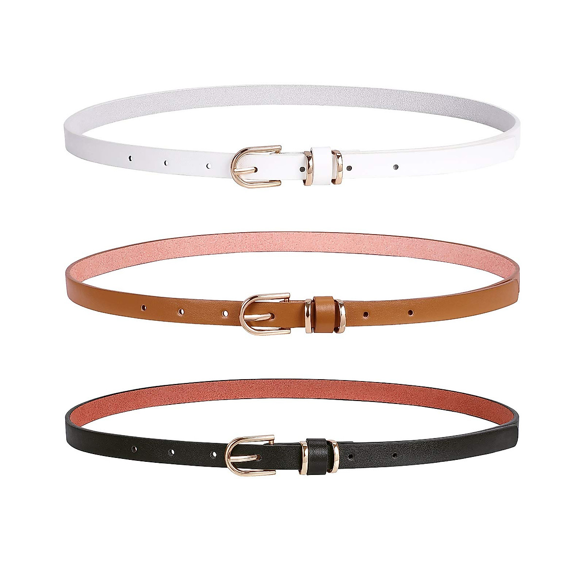 Ladies Skinny Thin PU Leather Dress Fit WaistBelt for Jeans with Gold Alloy Buckle(Black+Brown+White,Fit Waist Size 31-37 Inches)