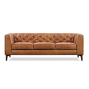 POLY & BARK Essex Leather Couch – 89-Inch Leather Sofa with Tufted Back - Full Grain Leather Couch with Feather-Down Topper On Seating Surfaces – Vintage Pure-Aniline Italian Leather – Cognac Tan