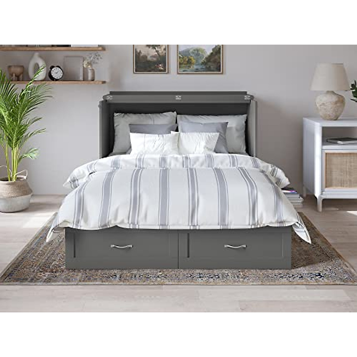 AFI, Hamilton Murphy Bed Chest with 6 inch Memory Foam Folding Mattress, Built-in Charging Station and Storage Drawer, Full, Grey