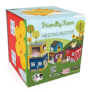 Friendly Farm Match 'n Stack Nesting Blocks | 5 Barnyard Pals & Stackable Home Boxes | Wooden Animals Fit into Colorful Cube Shapes | Includes Chicken, Cow, Pig, Horse, and Rabbit | Classic Kids Toy