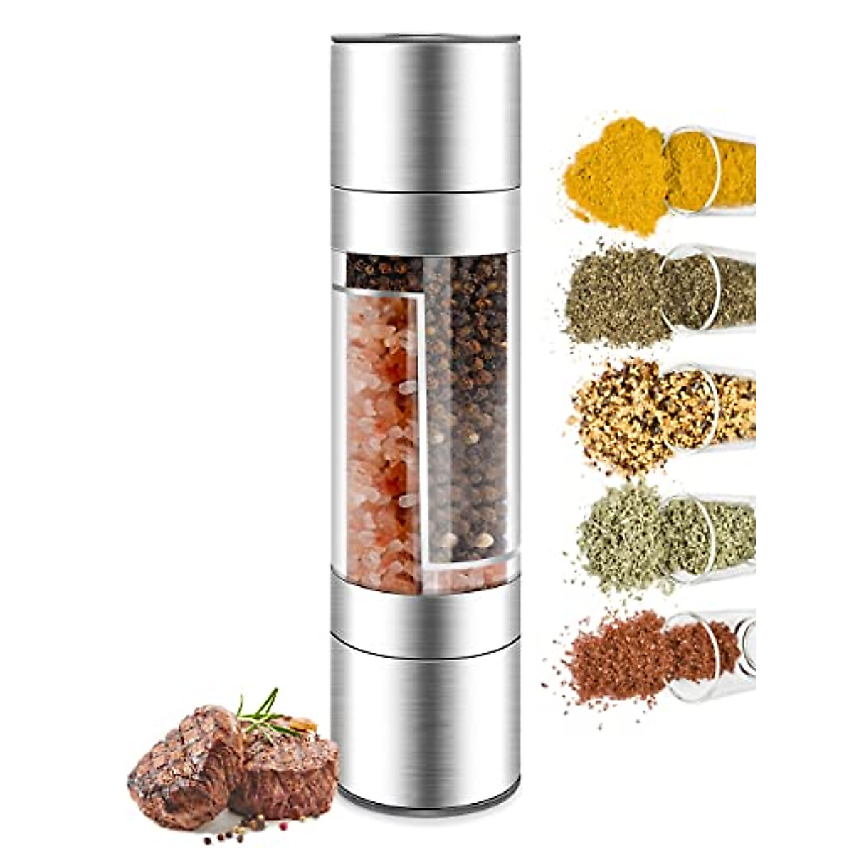 Gulex® Salt and Pepper Grinder Set, 2 in 1 Salt Mill and Pepper Mill with 5 Level Adjustable Coarseness, Stainless Steel Salt and Pepper Grinder Refillable for Kitchen (2 in 1)