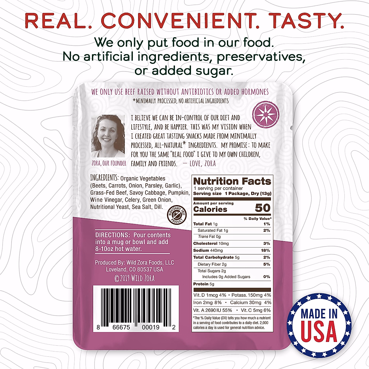 Wild Zora Instant Keto-Friendly Soups 5-Pack Variety, Broth Made with Grass-Fed Beef, Free-Range Chicken, and Vegetables, Gluten-Free, Low Carb, No Added Sugar, Flavorful Pantry Staples - 0.5oz/13g