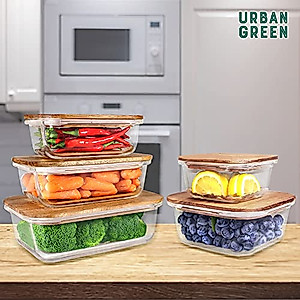 Urban Green Glass Food Container with Wood Lid, Glass food storage Container with Lids, Glass Meal Prep Containers Set, Glass Food Containers set (Wood Lid of 5 Pack)