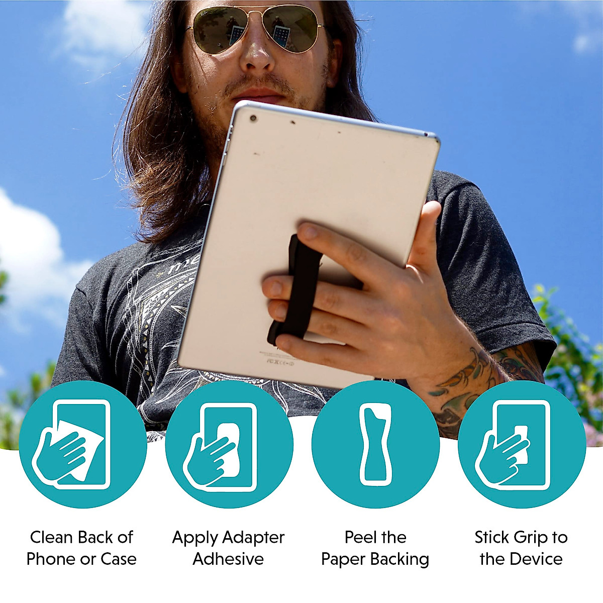 LoveHandle Tablet/XL Grip for Most Tablets and Large Smartphones, Black Elastic Strap Finger Grip with Black Base (LHT-01-Black)