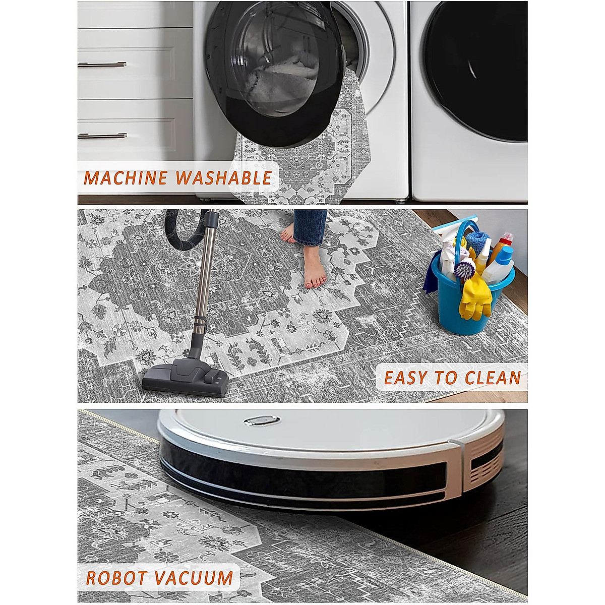 vivorug 8x10 Area Rugs, Stain Resistant Washable Rug for Living Room, Boho Vintage Inspired (Grey, 8'x10')