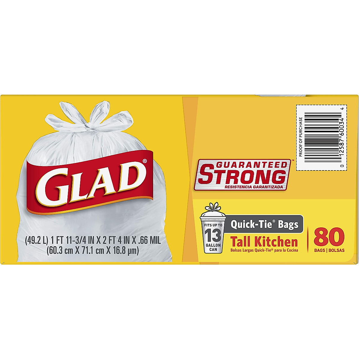 GLAD Tall Quick-Tie Trash Bags, 13 Gallon White Trash Bags for Tall Kitchen Trash Can, 80 Count - Packaging May Vary