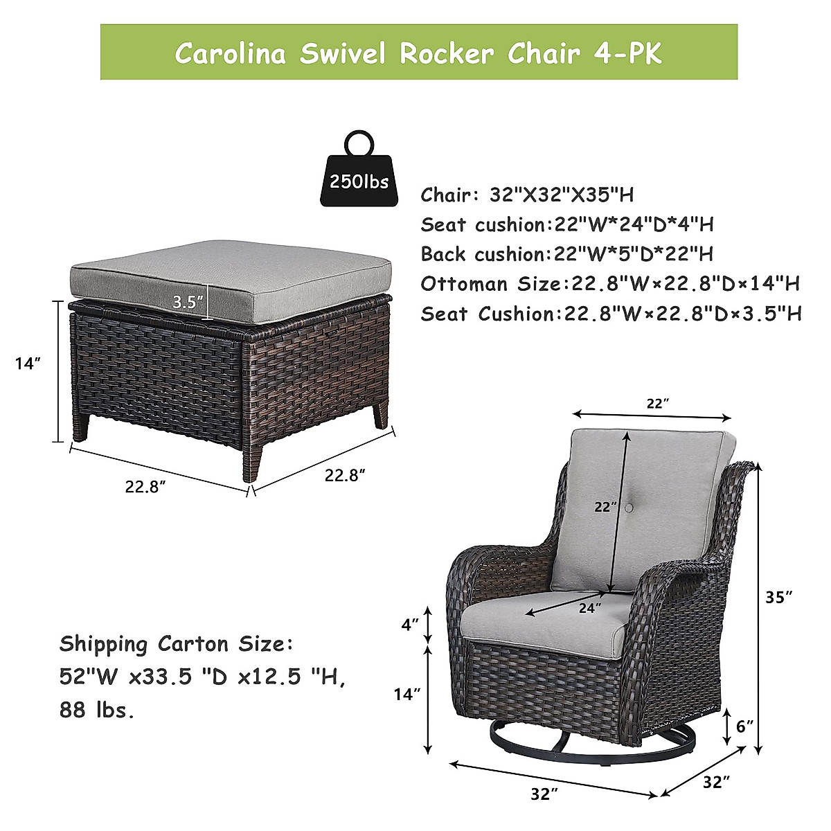 Rilyson Wicker Patio Furniture Set - 4 Piece Rattan Outdoor Patio Conversation Sets with 2 Swivel Rocking Chairs,2 Ottomans for Porch Deck Garden(Brown/Grey)