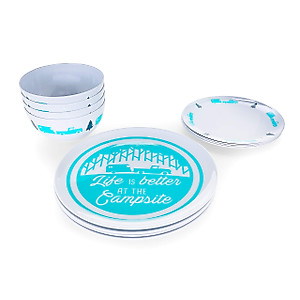 Camco Life is Better at The Campsite Dishware Set | Includes (4) Large Dinner Plates, (4) Small Salad Plates and (4) Bowls | Top Rack Dishwasher Safe | Blue Tree and Truck Design (53294)